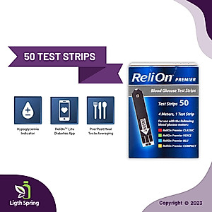 Relion Premier Blood Glucose Test Strips 50ct (3 Pack) Bundle with Exclusive Better Ligth&Spring Guide Living Well with Diabetes - (4 Items)