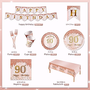 Visgo 90th Birthday Party Supplies for Women - 122 PCS 90th Birthday Decorations for Women, Serve 24 with Safe & Durable 90th Birthday Plates and Napkins -Complete 90th Birthday Party Decorations Set!