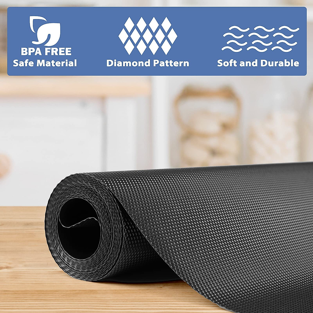 Shelf Liner Drawer Liners, Non Adhesive Kitchen Cabinet Liner Drawer Mat with Waterproof Protection Pad for Refrigerator, Cupboard, Cabinet Shelves, Pantry Cover, Black 11.8 x 236.2 inches