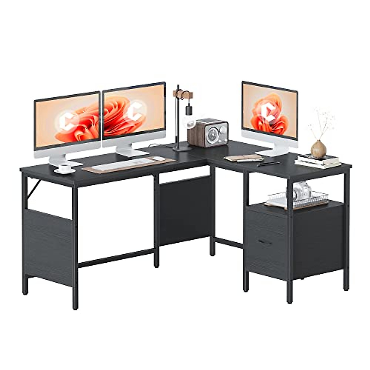 CubiCubi L Shaped Desk with Shelves, 59.1 Inch Corner Computer Desk, Home Office Gaming Writing Workstation with Large Non-Woven Drawer, Black