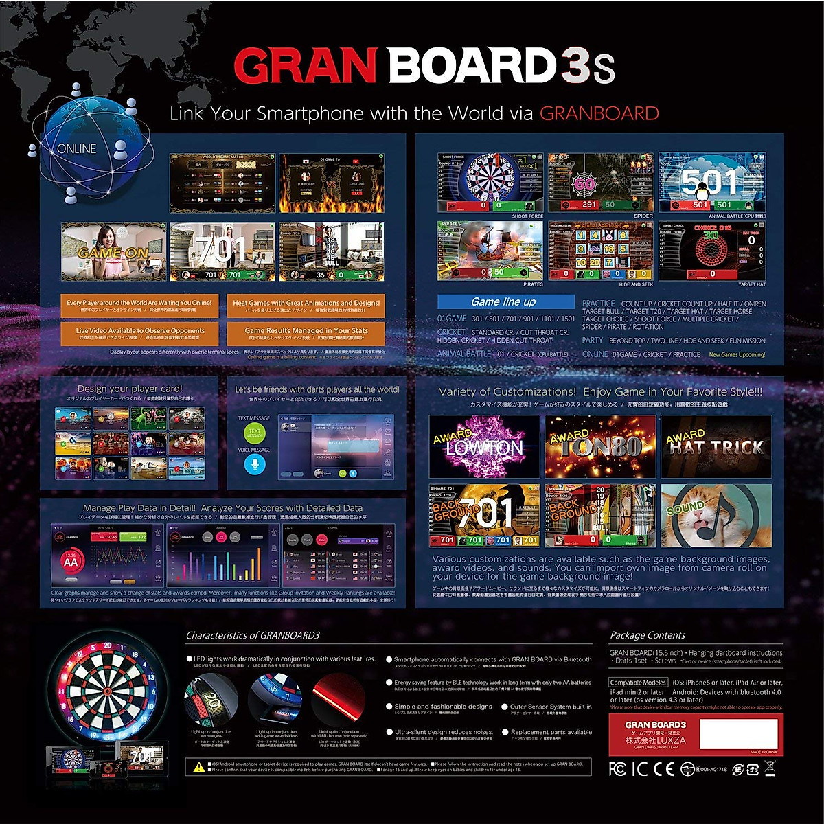 GRAN BOARD 3s LED Bluetooth Dartboard Green with Special Bracket & ChoukouTip50pics
