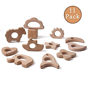 Wood Teethers for Babies DIY Necklace and Bangles Soothes Gum Pain Molar Teething Wood, Bird Elephant Sheep Moon Rocket Butterfly Star Heart Hedgehog Ship Cloud