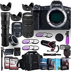 Canon EOS R Mirrorless Digital Camera w/ 3 Lenses + Adapter Bundle (EF-S 18-55mm f/4-5.6 is STM Lens, EF 75-300mm f/4-5.6 III, 420-800mm Zoom Lens) with Pro Accessory Kit (Renewed)