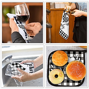 5 Pieces Buffalo Plaid Kitchen Towels Oven Mitts and Pot Holder Set Black and White Kitchen Towels Oven Gloves, Hot Pads Pot Holders for Farm House Accessories Decor(Heart)