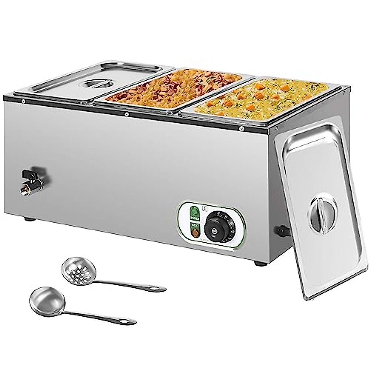 Cavlhils 3-Pan Commercial Bain Marie Buffet Steam Table Stainless Steel Food Warmer, 3x7QT 6" Deep 1500W Electric Countertop Warmers with 86-185°F Temp Control for Parties, Catering, Restaurant
