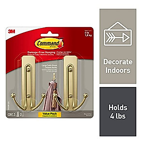 Command Bath Shower Small Water-Resistant Adhesive, Satin Nickel, 1 lb Capacity, 1 Squeegee & Large Wall Hooks, Damage Free Hanging Wall Hooks with Adhesive Strips, No Tools Double Wall Hooks