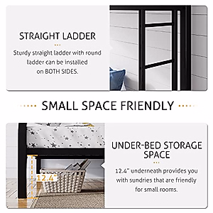 SHA CERLIN Metal Bunk Bed Twin Over Full Size with Removable Stairs, Heavy Duty Sturdy Frame with 12" Under-Bed Storage for Teen & Adults, Teens, No Box Spring Needed, Black