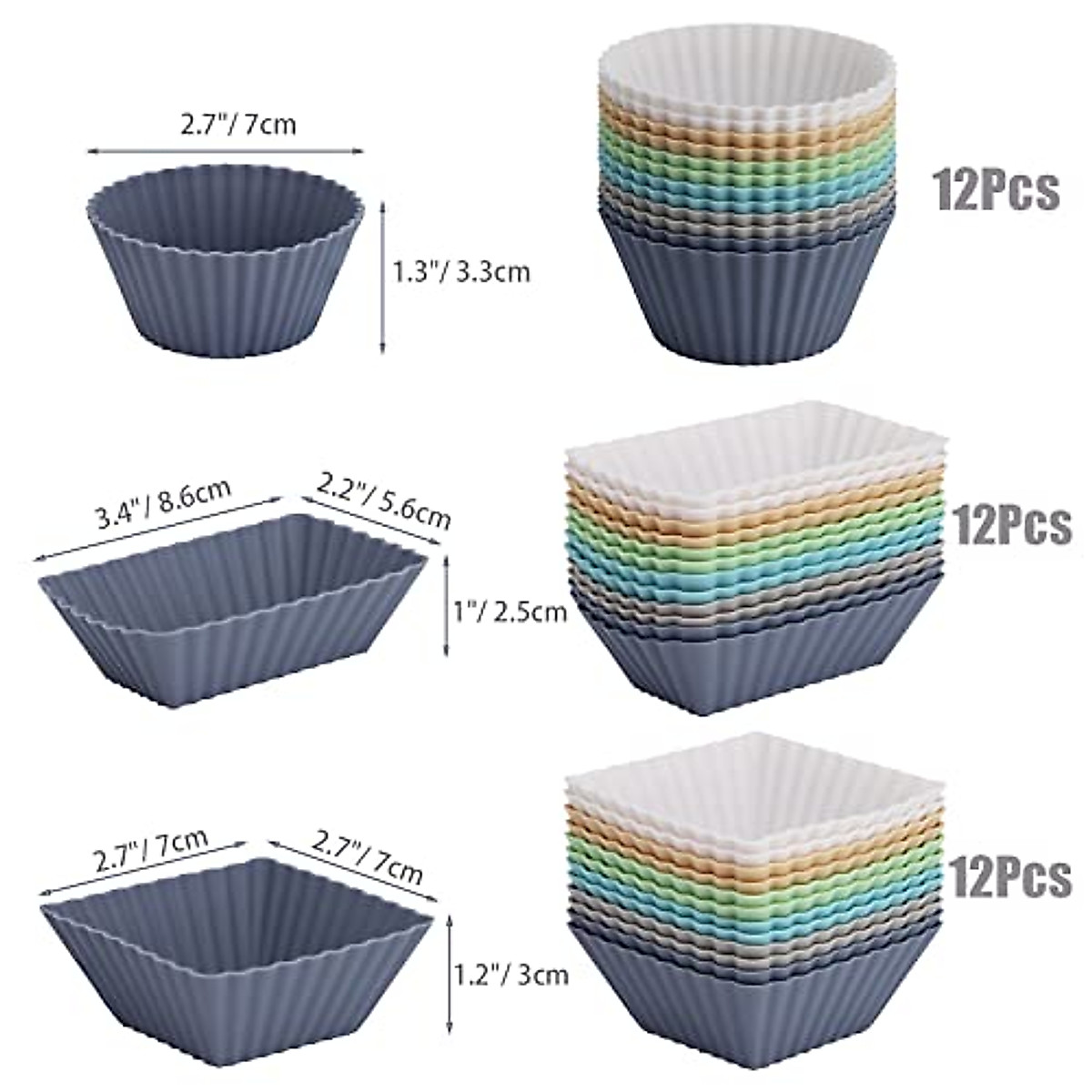 36Pack Silicone Cupcake Liners, Reusable Baking Muffin Cups, Food-Grade Silicone Mold Bento Lunch Box Divider for Kids-Round,Square,Rectangle,BPA Free, Neutral Color-White Beige Green Blue Grey)