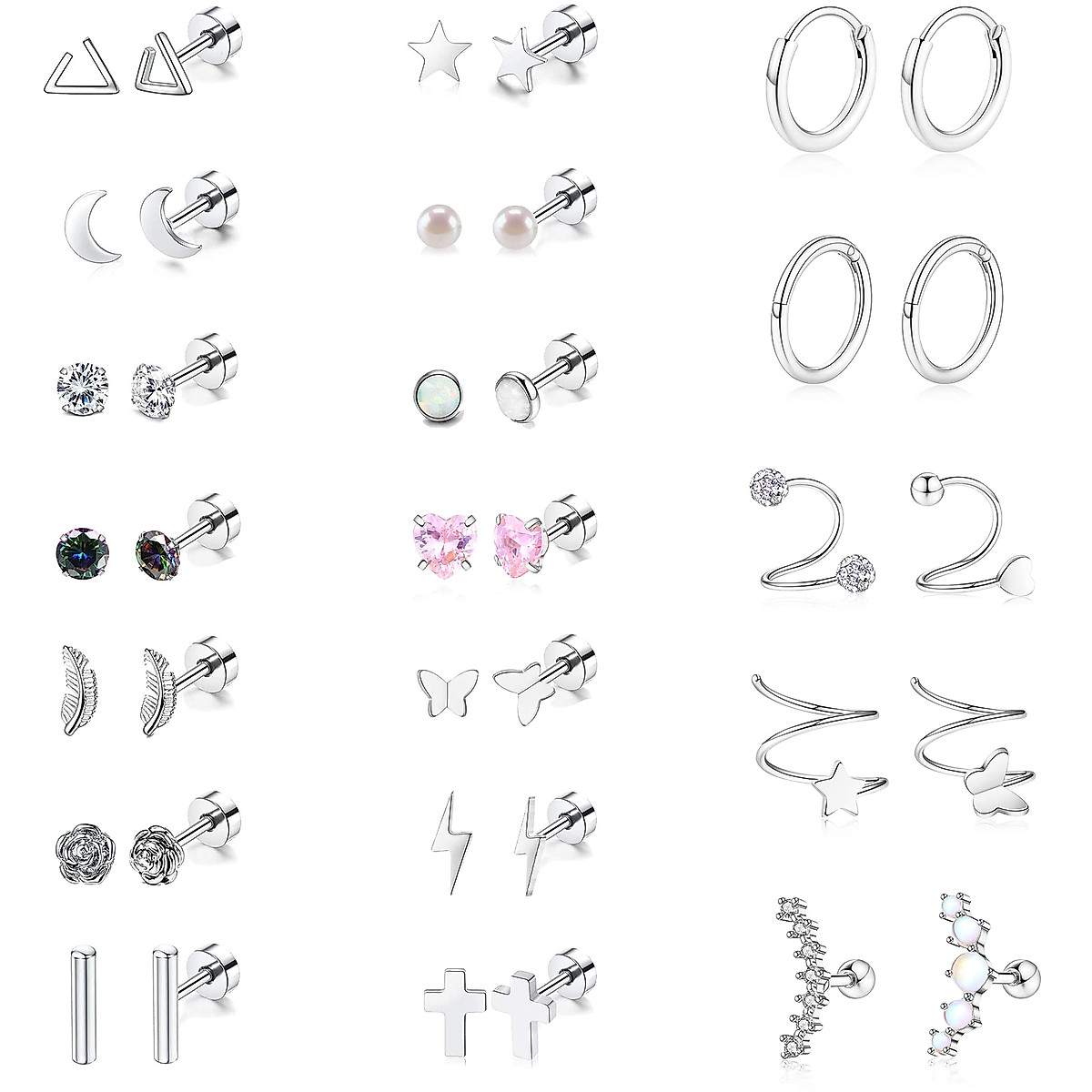 Stainless Steel Earrings,Staligue 19 Pairs Flat Back Earrings and Cartilage Hoop Earrings for Women Hypoallergenic Flat Back Stud Earrings Heart Opal Star Moon 20g Tiny Screw Back Cartilage Earring