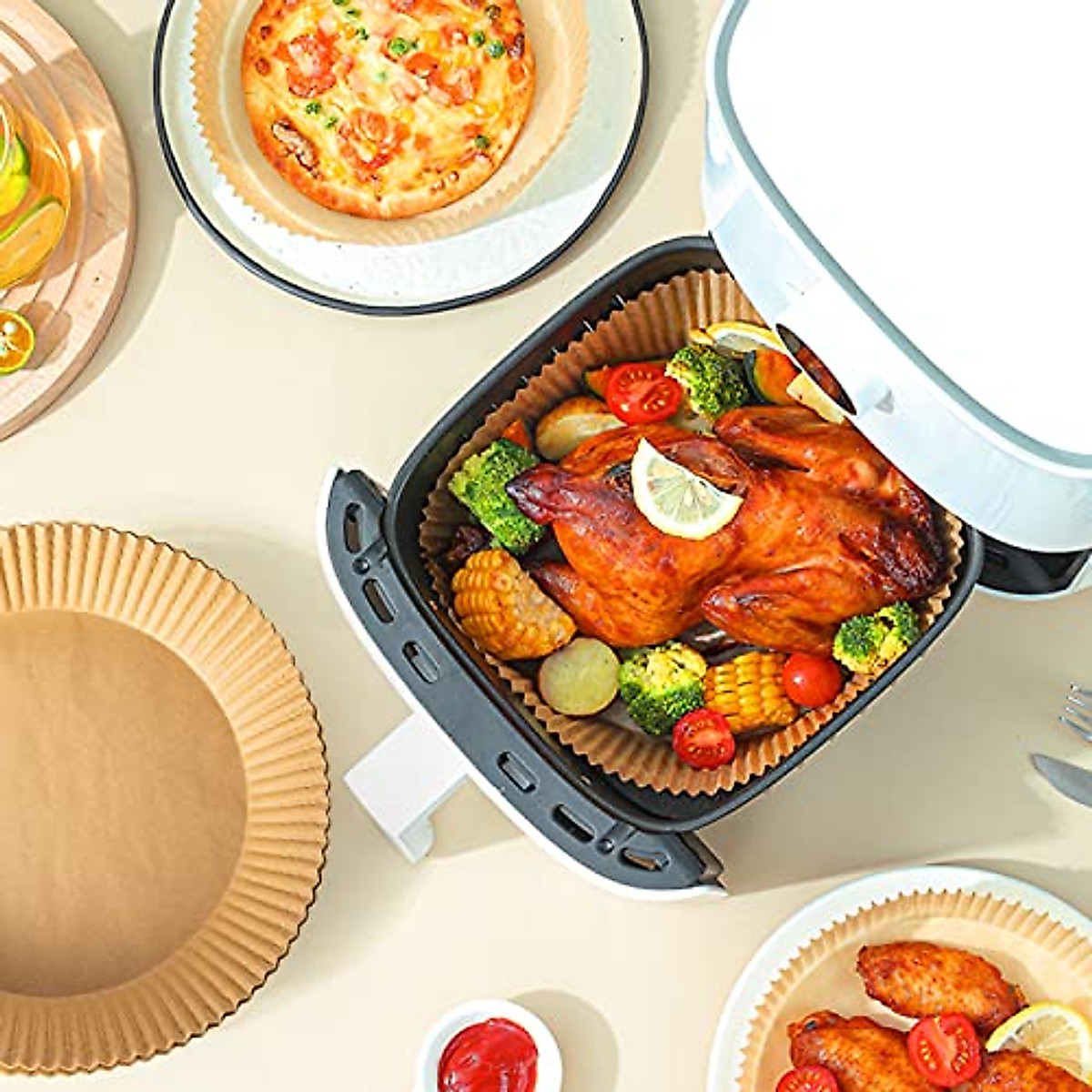 Diyishan 100Pcs Air Fryer Disposable Paper Liner, Non-Stick Air Fryer Liners, Baking Paper for Air Fryer Oil-proof, Water-proof, Food-Grade Parchment for Baking Roasting Microwave