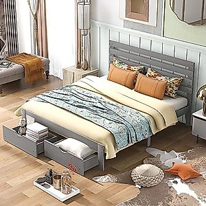 Queen Size Solid Wood Platform Bed Frame with Storage Drawers and Classic Headboard, Wood Slats Support, Under Bed Storage for Boys Girls Teens Adults,Space Saving, No Box Spring Needed (Gray)