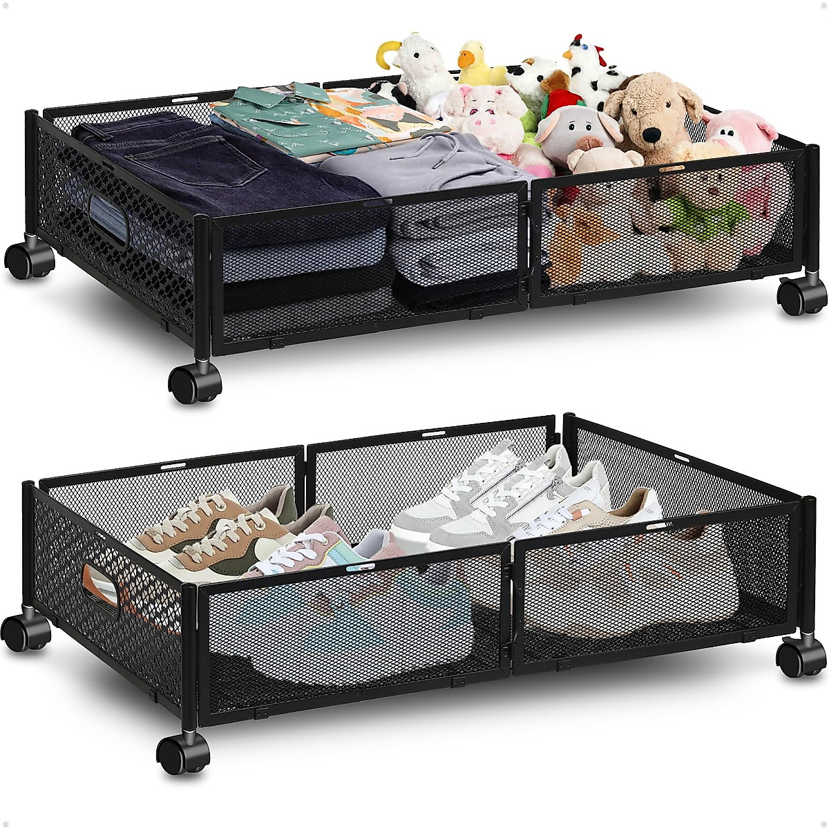 punemi Under Bed Storage with Wheels, 2 Pcs Underbed Storage Containers Rolling Drawers with Handle, 23.6 x 15.7 x 6.2in Tall Metal Under Bed Shoe Organizers for Clothes, Tool-free Assembly Black
