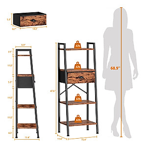Furologee 4 Tier Ladder Shelf, Narrow Ladder Book Shelf with Drawer, Modern Bookcase Freestanding Shelf Units, Storage Shelves Organizer for Bedroom, Living Room, Bathroom, Home Office, Rustic Brown