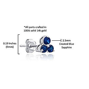 MAX + STONE 14k White or Yellow Gold Small Gemstone Trio Round Stud Earrings for Women with Push Backs and Birthstones (Created Blue Sapphire, white-gold)