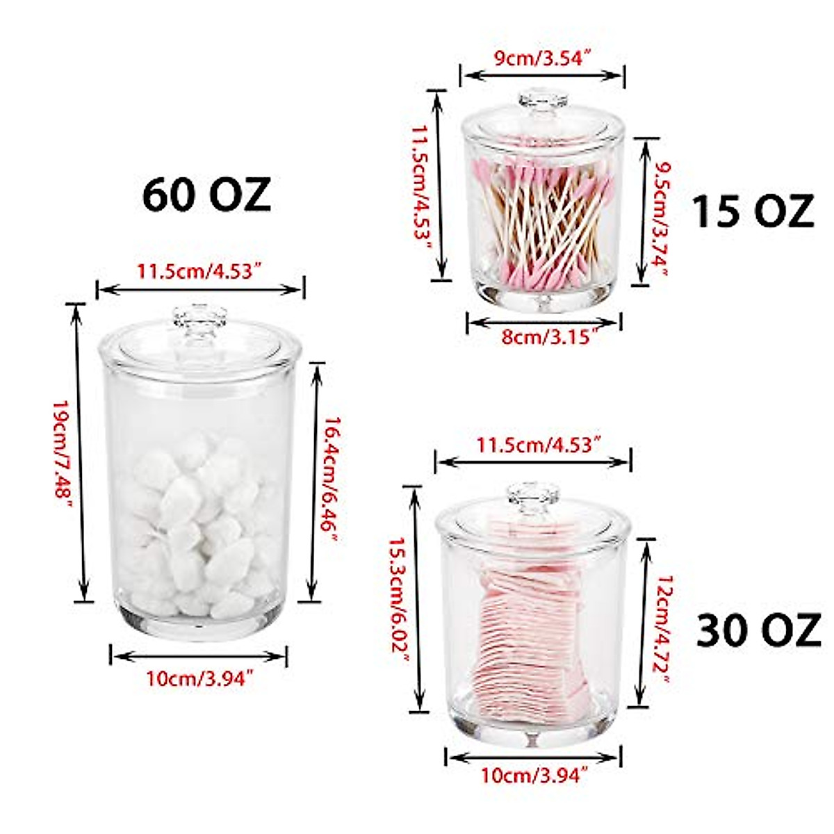 Hipiwe Clear Plastic Apothecary Jars with Lid, Large Size Bathroom Storage Canister Jar Cotton Ball and Swab Organizer Q-Tips Holder, 60-Ounce, 30-Ounce and 15-Ounce, Set of 3