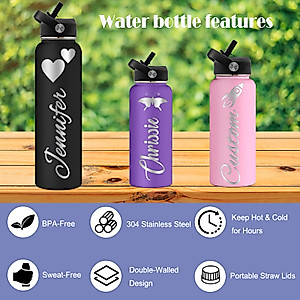 Personalized Water Bottles with Straw Lid 24/32/40oz Custom Engraved Name Logo Stainless Steel Insulated Bottle Customized Gift for School Sport Gym Work