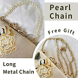 AININTON Women Embroidered Bag Silk Shoulder Bag Rectangle Handbag Champaign Gold Crossbody Bag with Pearl Chain for Wedding Party Banquet