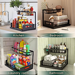Houocon Under Sink Organizers and Storage, 2-Tier Under Bathroom Cabinet Organizer with Hooks, Pull Out Cabinet Organizer Under Kitchen Sink, Black, Metal