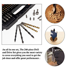 ETERNA Drill Bit Set, 246 PCS Titanium HSS Drill Bit Kit Screwdriver Bit Kit, with Carry Case for Metal, Masonry, Wood, Plastics Cement Drilling