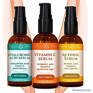 NUVA SKIN - 3 Pack Anti Aging Serum for Face - Vitamin C Serum for Face, Retinol Serum, Hyaluronic Acid Serum, Full Regimen Face Serum Set, Skin Care Face Serum for Women and Men, Facial Serum