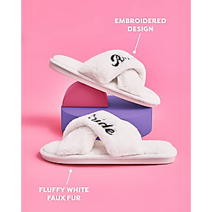 xo, Fetti Bride Slippers, White Fur, S/M | Bachelorette Party Decorations, Wedding Day Sandals, Bridesmaid Gift, Bridal Shower Party Favor
