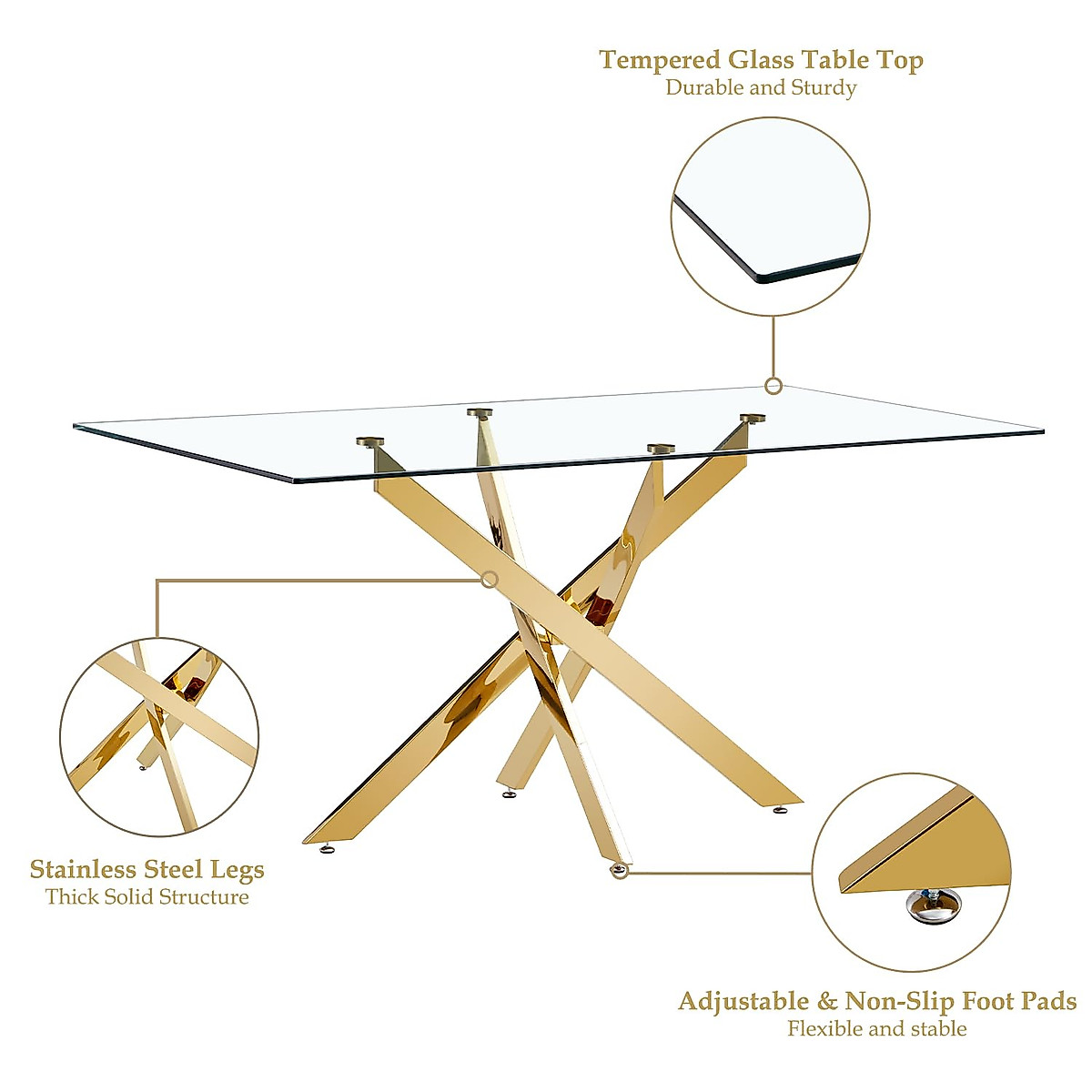 HAIZAO 63" Glass Dining Table for 4-6, Contemporary Rectangular Dining Room Table with Tempered Glass Top & Gold Finish Stainless Steel Legs, Modern Large Kitchen Table for Home Office