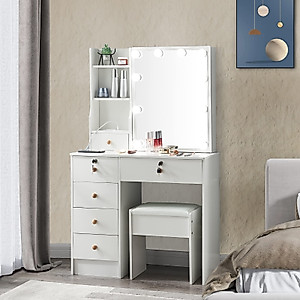 Logimiz Vanity Desk with Mirror and Lights & Power Outlet, 10 Lights Makeup Vanity Mirror 3 Color Changing Modes & Adjustable Brightness, Bedroom Dressing Table Vanity Stool with Drawers, White