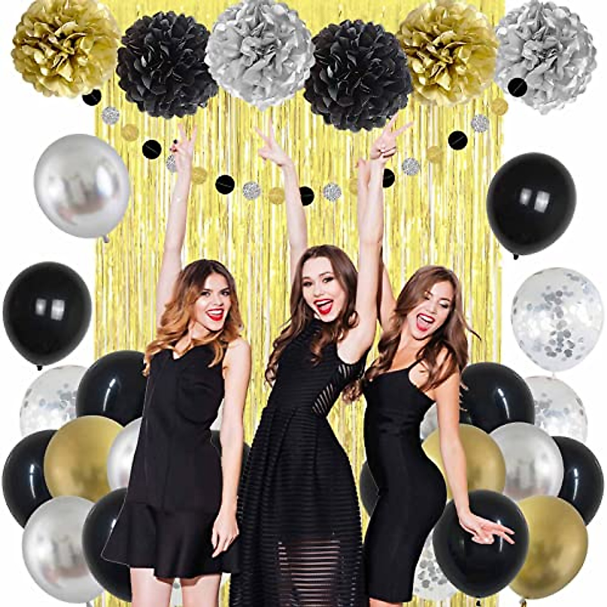 ANSOMO Black Gold and Silver Happy Birthday Party Decorations Décor Supplies Men Boys Him 1st 13th 18th 21st 30th 40th 50th 60th Banner Balloons Pom Poms