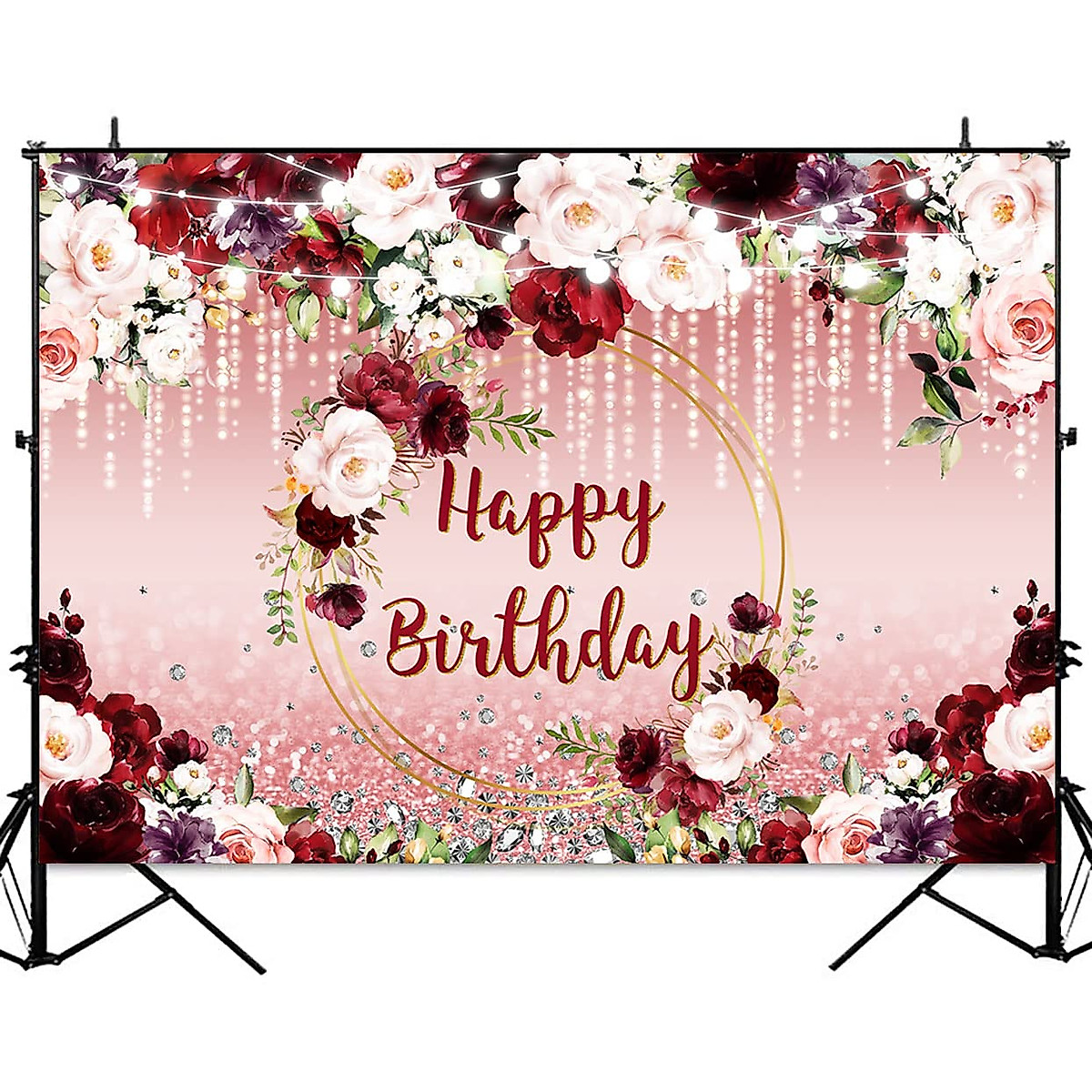 Sensfun Floral Happy Birthday Backdrop Burgundy Flowers Rose Gold Glitter Bokeh Spots Photo Background Vinyl Women Birthday Party Cake Table Decorations Photoshoot Banner (7x5ft)