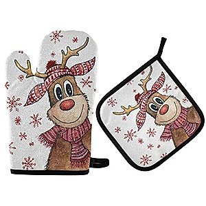 Cute Christmas Winter Deer Oven Mitts and Pot Holders Set Xmas Reindeer Funny Snowflake Hot Pad Glove Baking for New Year Holiday Seasonal Decor Kitchen Cooking BBQ Baking Bakeware
