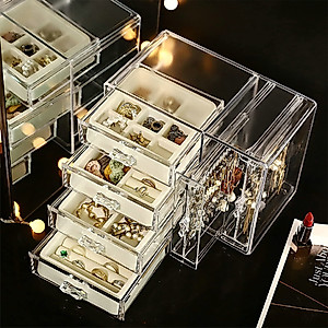 WMM Acrylic Jewelry Organizer Box, Clear Earring Jewelry Organizer Hanging Boxes with 4 Velvet Drawers, Birthday and Christmas Gift, Clear Acrylic Jewelry Box for Earrings Ring Bracelet Necklace