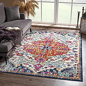 New Bodrum Oriental, Persian, Traditional Living Room, Bedroom Area Rug - Colorful Floral Medallion Carpet - Vintage Distressed - Orange, Red, Purple, Dark Blue - 6'7" x 9'