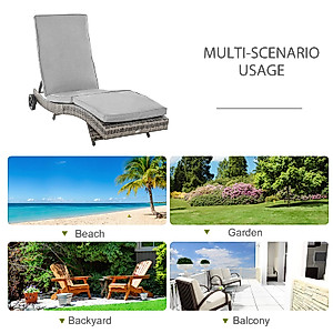 Outsunny Wicker Chaise Lounge Pool Chair, Outdoor PE Rattan Cushioned Patio Sun Lounger w/ 5-Level Adjustable Backrest & Wheels for Easy Movement, Mixed Gray