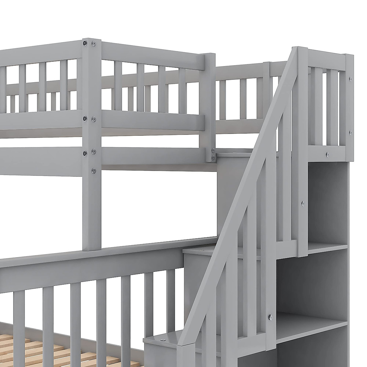 Polibi Twin Over Full Stairway Bunk Bed, Solid Wood Bunk Bed with Storage Shelves， No Spring Box Needed, Grey