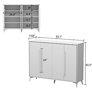 ECACAD 4-Tier Shoe Storage Cabinet with Adjustable Shelves & 4 Doors, Wood Shoe Rack Organizer with Metal Legs Free Standing Shoe Racks for Entryway, Bedroom, Hallway, White (55.1”W x 13.8”D x 37.4”H)