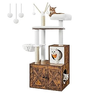 Feandrea WoodyWonders Cat Tree with Litter Box Enclosure, 2-in-1 Modern Tower, Furniture Hidden, Cat Condo with Scratching Posts, Removable Pompom Sticks, Rustic Brown UPCT113X01