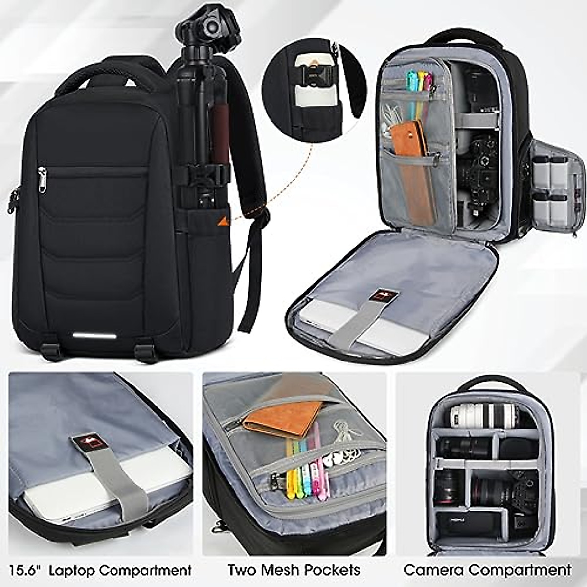 SDYSM Camera Bag Professional Camera Backpack for DSLR SLR Mirrorless Camera Waterproof Camera Laptop Backpack 15.6 Inch with Rain Cover Anti Theft Travel Camera Case Large Capacity Photography Black