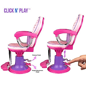 Pretend Play Hair Salon Toy for Girls, Click N' Play Doll Salon Chair with 8 Doll Accessories - Hair Salon Toys for Girls: Chair, Hair Brush, 2 Hair Clips, 2 Curlers, Girl Gift Ages 3+, Pink & Purple