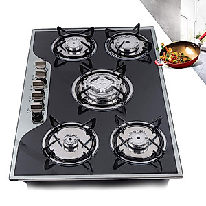 Gas Cooktop 30" Gas Cooktop 5 Burners Gas Stove Gas Hob Stovetop Tempered Glass Cooktop Cast Iron Grates Built-in Gas Stove Top Gas Cooktop Thermocouple Protection (Style 1)