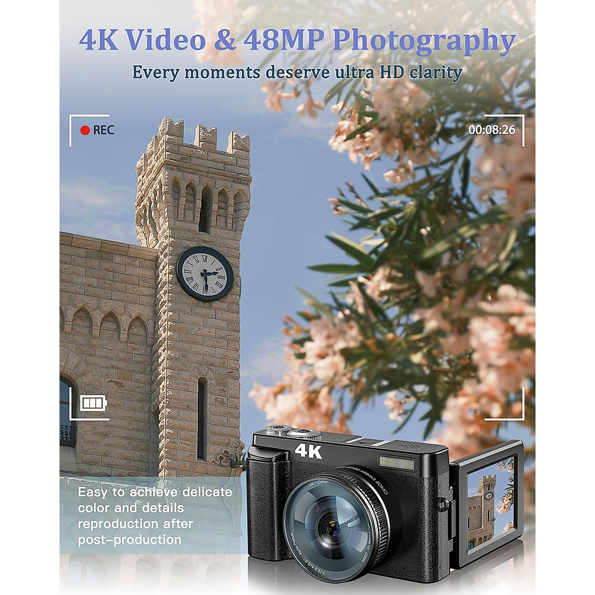 4K Digital Camera with Flash & Selfie, 48MP Camera for Photography with Autofocus 16X Zoom, Anti-Shake Vlogging Camera Compact Travel Digital Cameras with Flip Screen, 32GB Memory Card, Two Batteries