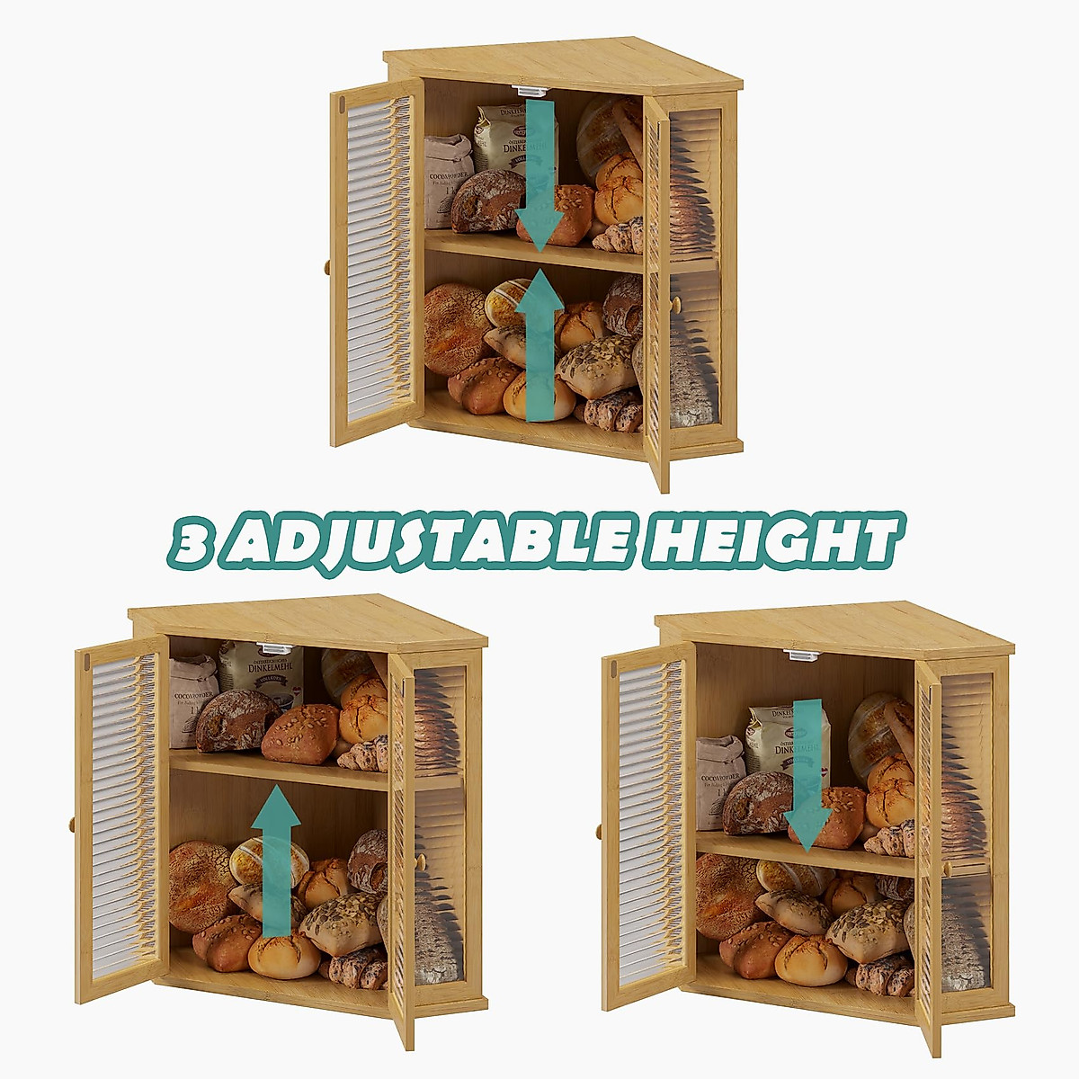 WouZglk Extra Large Corner Bread Box for Kitchen Countertop, 16.5 inch Bamboo Double Layer Bread Storage with Glass Wavy Door Panel, Eco-Friendly and Stylish Design