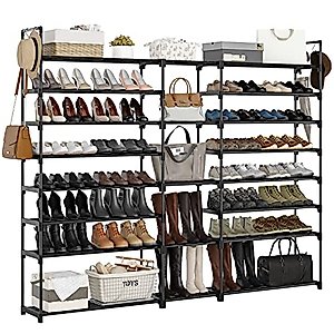 UNITSTAGE Extra Large Shoe Rack Organizer for Closet for Garage 72-76 Pairs Heavy Duty Stackable Shoe Rack Shelf Storage for Entryway with Plastic Connectors Rubber Hammer Black Shoe Rack