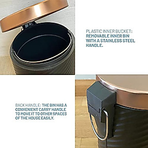 AWENN - Stainless Steel Trash Can with Plastic Inner Bucket, Pedal and Lid. Dustbin for Kitchen, Bathroom, and Office. Black and Bronze (1.3 Gallons - 5 Liters)