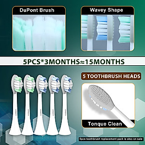 LONG FIT Electric Toothbrush for Adult Ultrasonic, Basic 90 Days Standby 37000VPM Clean Massage Sensitive Modes with 5 Replacement Toothbrush Heads