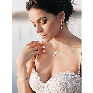 SWEETV Teardrop Wedding Bridal Jewelry Set for Brides Women Bridesmaid, Crystal Rhinestone Backdrop Necklace Earring Sets for Prom (Rose Gold Necklace Earrinags Bracelet)