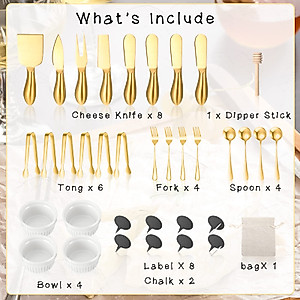 38 Pcs Charcuterie Board Accessories Utensils Include Cheese Knife Set Charcuterie Bowls Cheese Markers Serving Tongs Spoons and Forks Honey Dipper for Butter Cheese and Pastry Making (Gold)