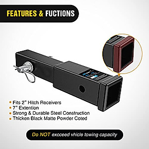 Nilight Trailer Hitch Extender 7 inch Extension Length Fits for 2 inch Receiver Tube with 5/8 inch Stainless Steel Bolt Flange Nut and Clip 3,500 lbs GTW Matte Black, 2 Years Warranty