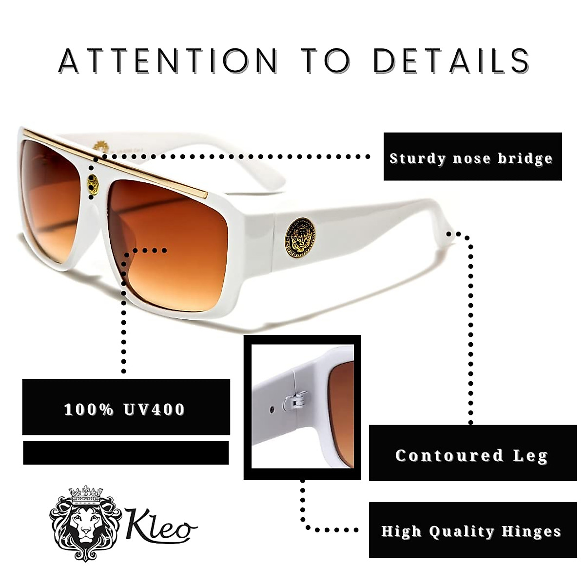 White & Gold Kleo Flat Top Hip Hop Rapper Retro Aviator Sunglasses w/ Brown Lenses