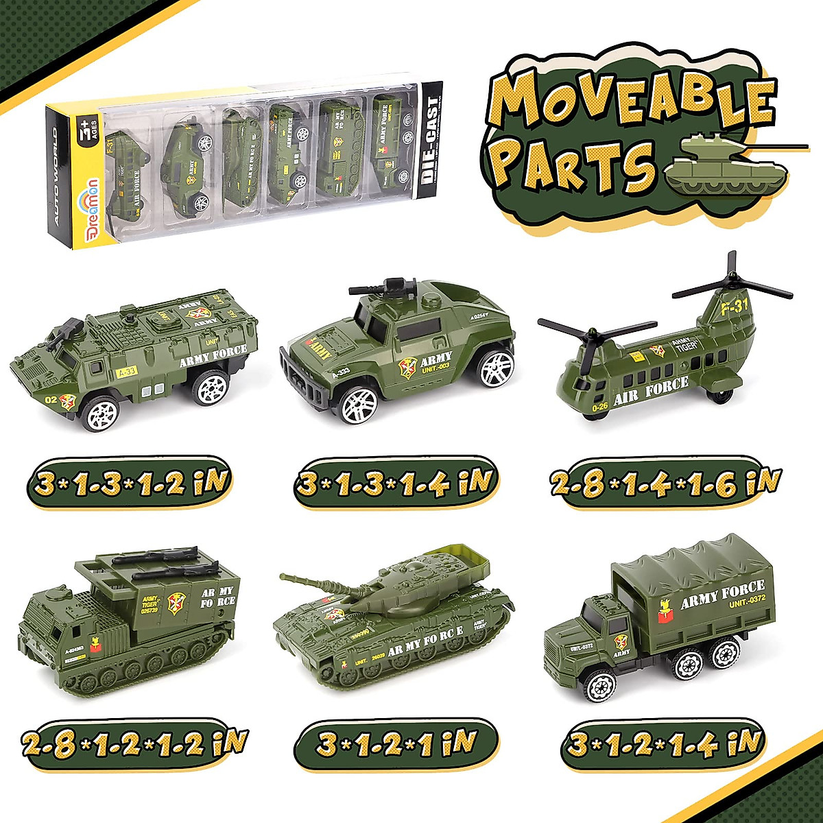 Diecast Military Vehicles Army Toy Mini Pocket Size Play Models Truck Tanks Helicopter for Kids Boys Age 3 4 5,Pack of 6