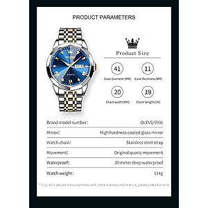 OLEVS Watch for Men Diamond Business Dress Analog Quartz Stainless Steel Waterproof Luminous Date Two Tone Luxury Casual Wrist Watch Blue